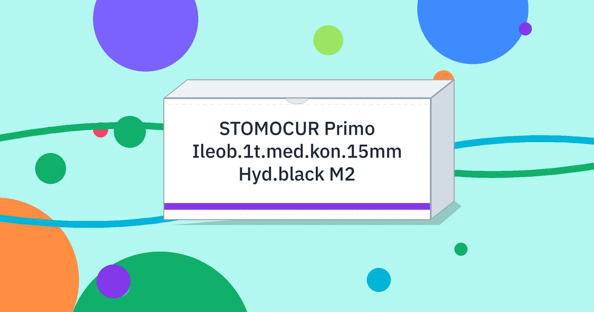 Symbolbild: Packung mit der Aufschrift STOMOCUR Primo Ileob.1t.med.kon.15mm Hyd.black M2 (PZN 19536849) – Verfügbarkeit und Bezug in Apotheken in Frankfurt am Main