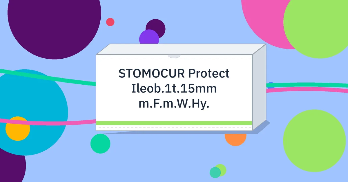 Symbolbild: Packung mit der Aufschrift STOMOCUR Protect Ileob.1t.15mm m.F.m.W.Hy. (PZN 14419978) – Verfügbarkeit und Bezug in Apotheken in Frankfurt am Main