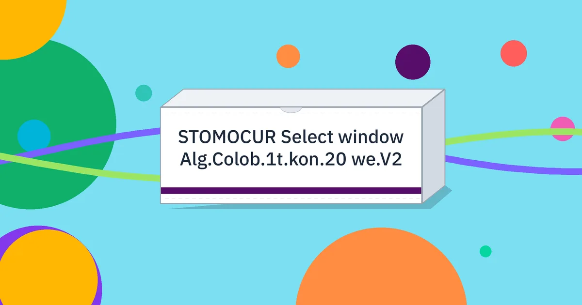Symbolbild: Packung mit der Aufschrift STOMOCUR Select window Alg.Colob.1t.kon.20 we.V2 (PZN 11549309) – Verfügbarkeit und Bezug in Apotheken in Frankfurt am Main