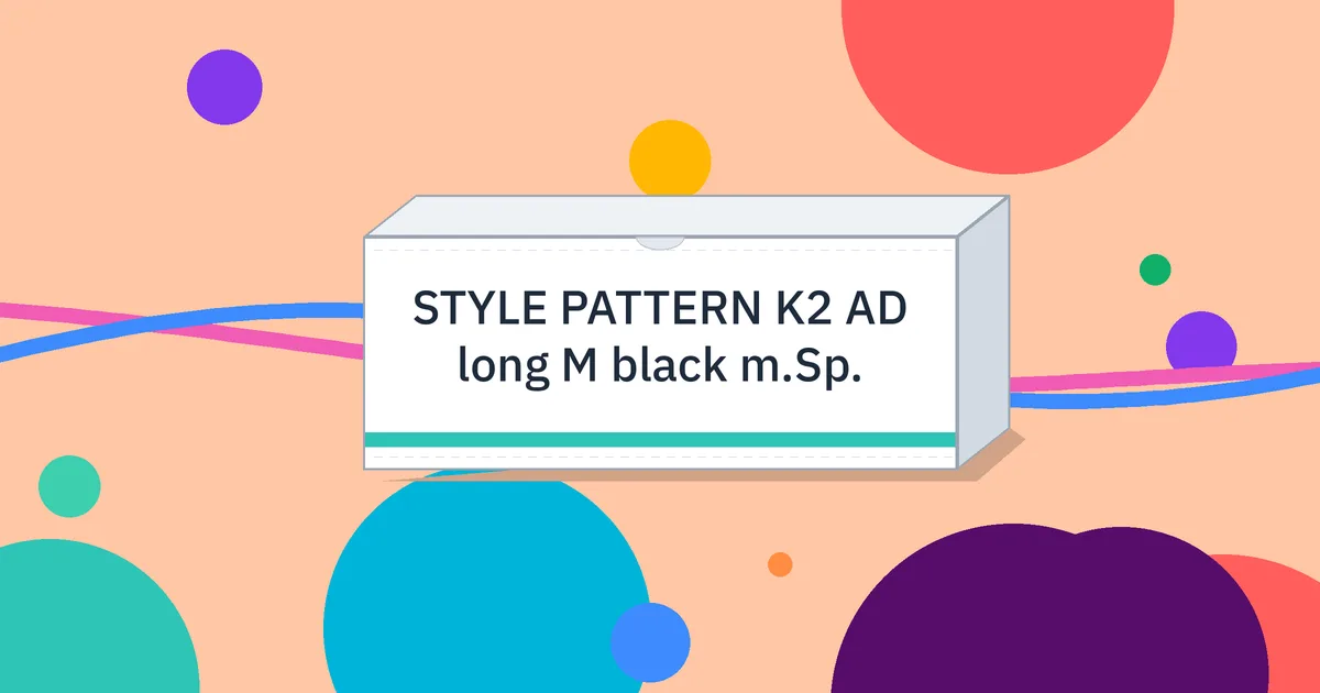 Symbolbild: Packung mit der Aufschrift STYLE PATTERN K2 AD long M black m.Sp. (PZN 19695246) – Verfügbarkeit und Bezug in Apotheken in Frankfurt am Main