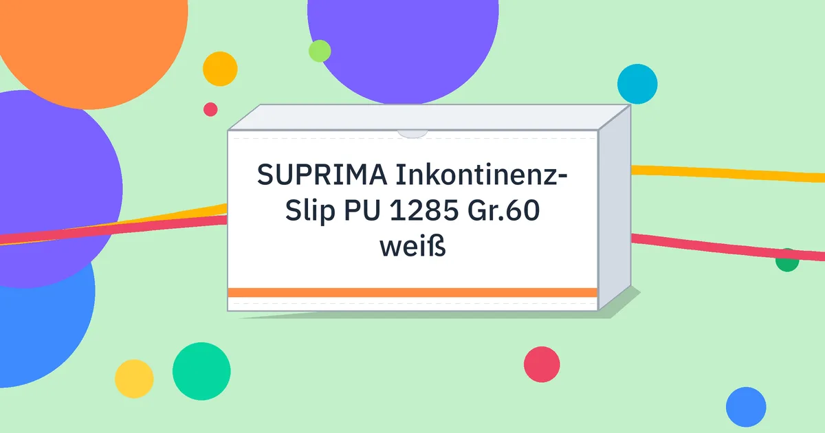 Symbolbild: Packung mit der Aufschrift SUPRIMA Inkontinenz-Slip PU 1285 Gr.60 weiß (PZN 12484517) – Verfügbarkeit und Bezug in Apotheken in Frankfurt am Main
