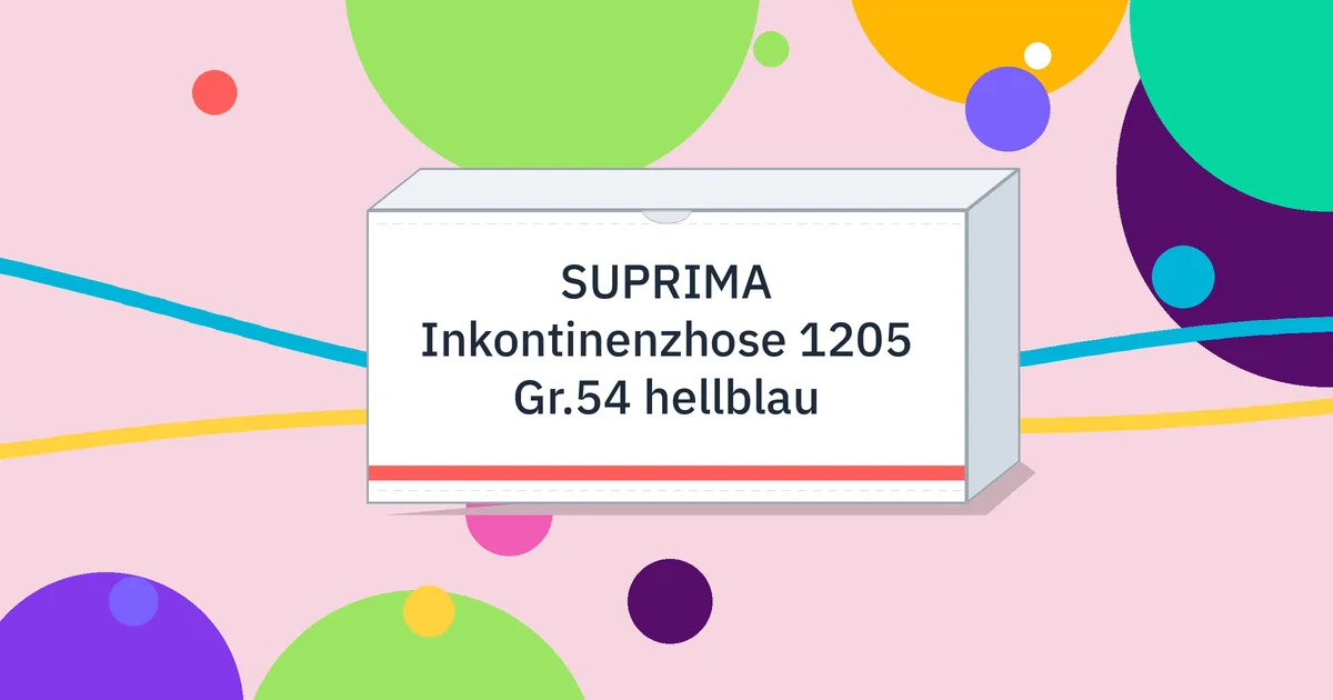 Symbolbild: Packung mit der Aufschrift SUPRIMA Inkontinenzhose 1205 Gr.54 hellblau (PZN 03020635) – Verfügbarkeit und Bezug in Apotheken in Frankfurt am Main