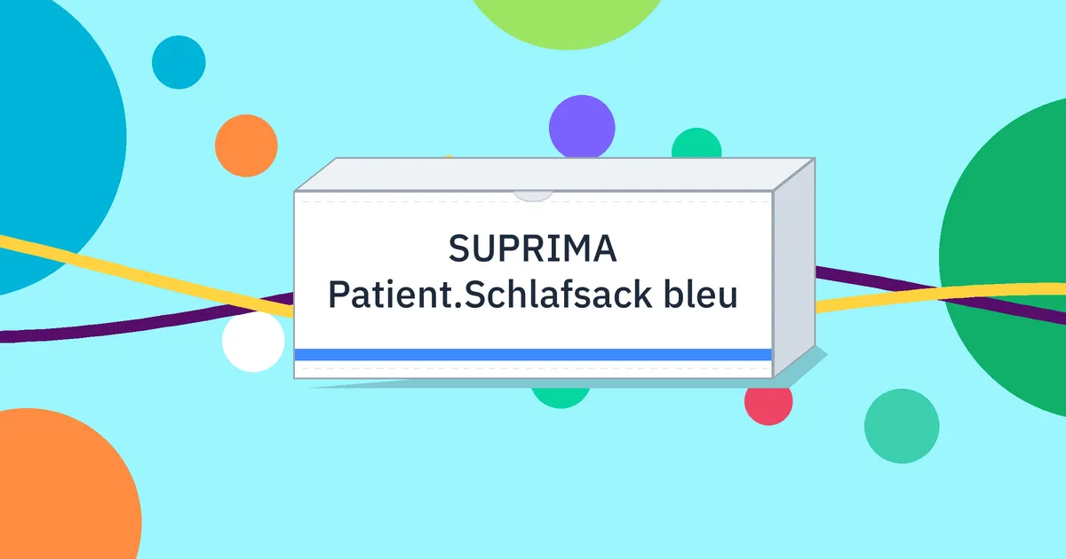 Symbolbild: Packung mit der Aufschrift SUPRIMA Patient.Schlafsack bleu (PZN 03901293) – Verfügbarkeit und Bezug in Apotheken in Frankfurt am Main