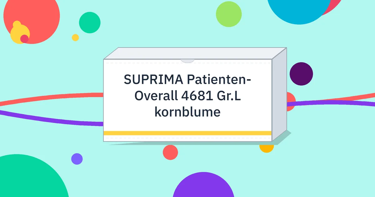 Symbolbild: Packung mit der Aufschrift SUPRIMA Patienten-Overall 4681 Gr.L kornblume (PZN 19631111) – Verfügbarkeit und Bezug in Apotheken in Frankfurt am Main