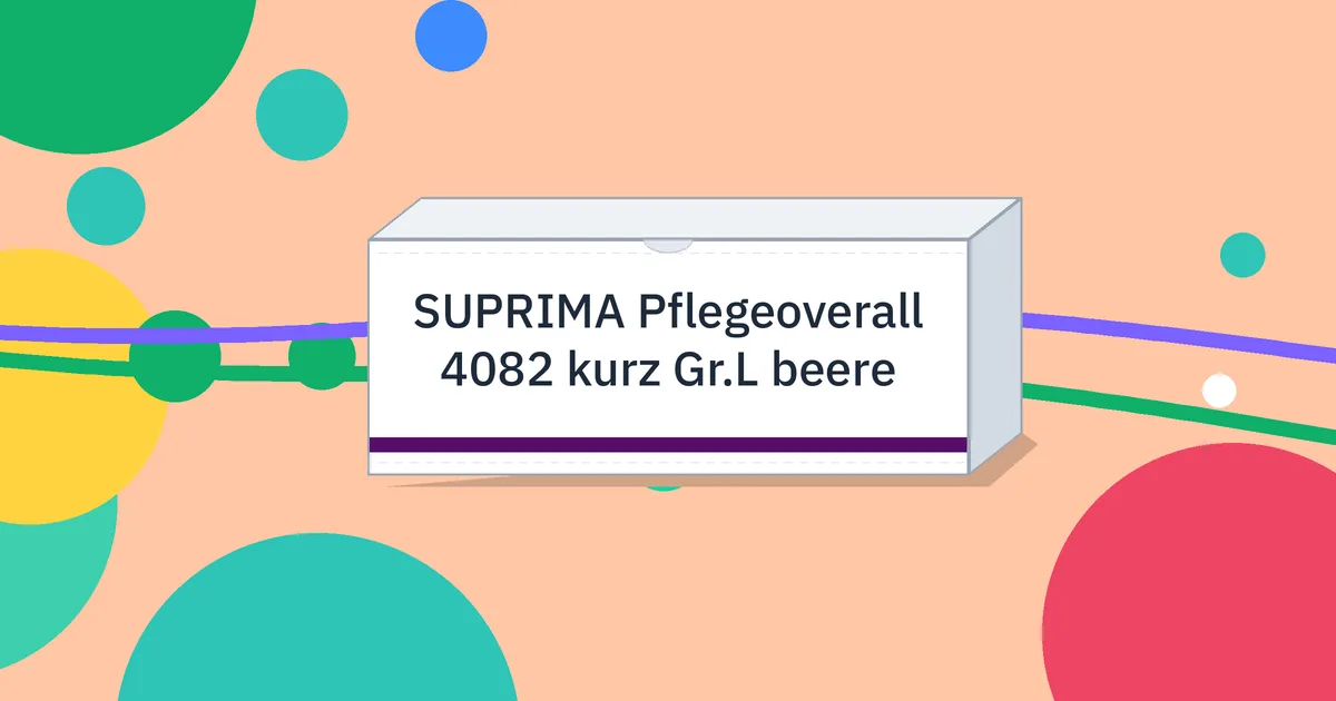 Symbolbild: Packung mit der Aufschrift SUPRIMA Pflegeoverall 4082 kurz Gr.L beere (PZN 11659937) – Verfügbarkeit und Bezug in Apotheken in Frankfurt am Main