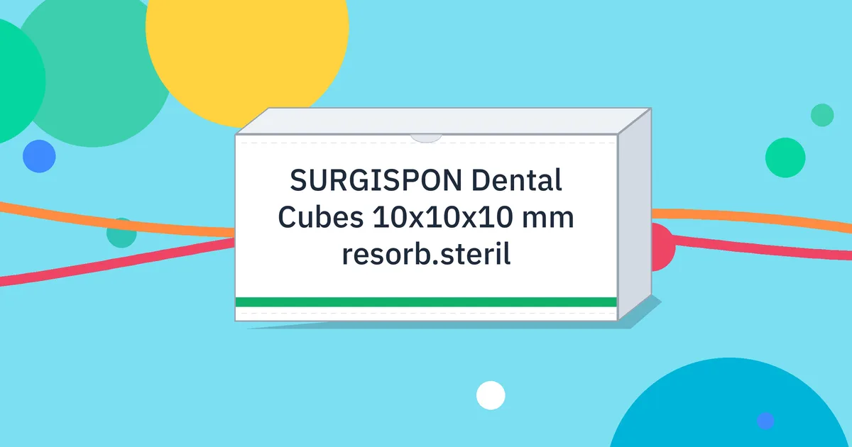 Symbolbild: Packung mit der Aufschrift SURGISPON Dental Cubes 10x10x10 mm resorb.steril (PZN 18741211) – Verfügbarkeit und Bezug in Apotheken in Frankfurt am Main