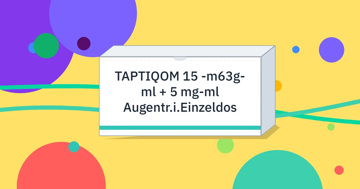 Symbolbild: Packung mit der Aufschrift TAPTIQOM 15 -m63g-ml + 5 mg-ml Augentr.i.Einzeldos (PZN 15319440) – Verfügbarkeit und Bezug in Apotheken in Frankfurt am Main