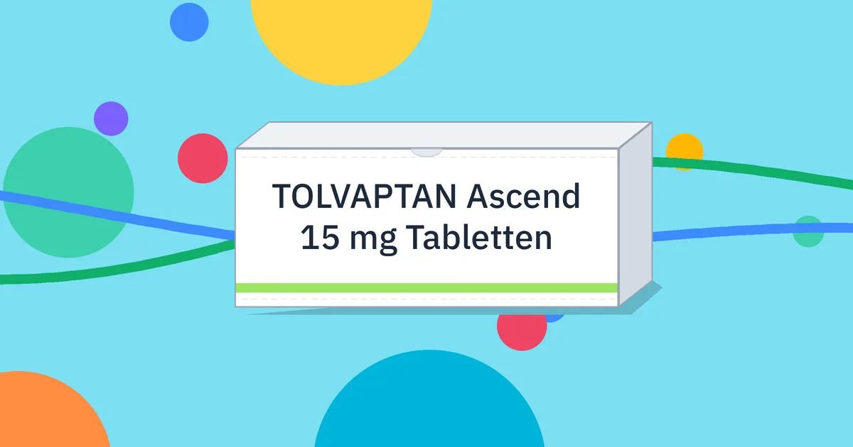 Symbolbild: Packung mit der Aufschrift TOLVAPTAN Ascend 15 mg Tabletten (PZN 18325530) – Verfügbarkeit und Bezug in Apotheken in Frankfurt am Main