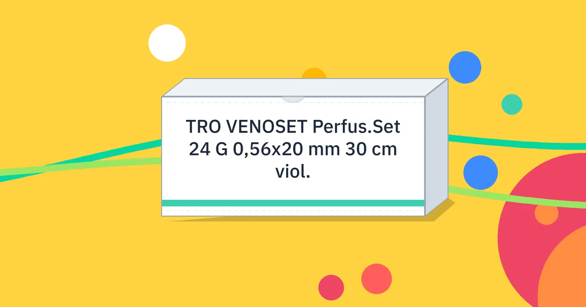 Symbolbild: Packung mit der Aufschrift TRO VENOSET Perfus.Set 24 G 0,56x20 mm 30 cm viol. (PZN 12365675) – Verfügbarkeit und Bezug in Apotheken in Frankfurt am Main