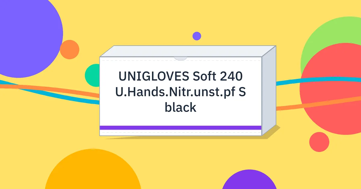 Symbolbild: Packung mit der Aufschrift UNIGLOVES Soft 240 U.Hands.Nitr.unst.pf S black (PZN 18102646) – Verfügbarkeit und Bezug in Apotheken in Frankfurt am Main