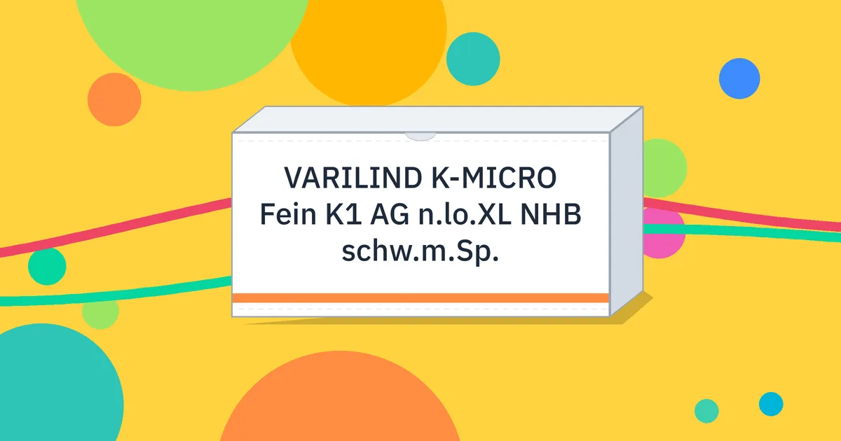 Symbolbild: Packung mit der Aufschrift VARILIND K-MICRO Fein K1 AG n.lo.XL NHB schw.m.Sp. (PZN 20555154) – Verfügbarkeit und Bezug in Apotheken in Frankfurt am Main