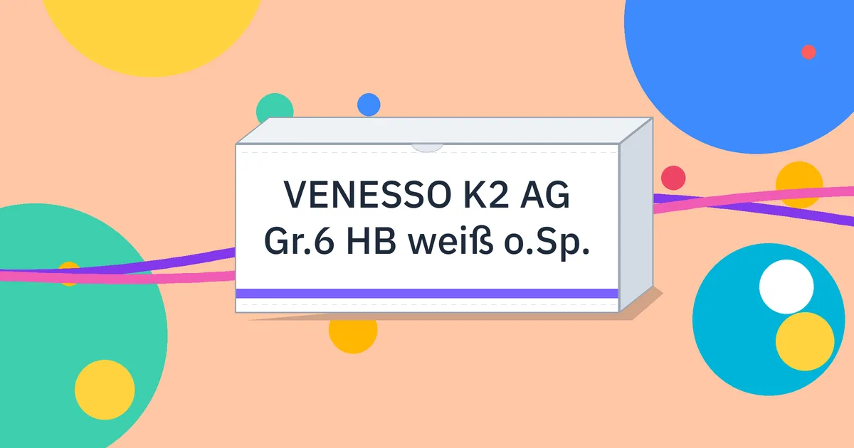 Symbolbild: Packung mit der Aufschrift VENESSO K2 AG Gr.6 HB weiß o.Sp. (PZN 03266135) – Verfügbarkeit und Bezug in Apotheken in Frankfurt am Main