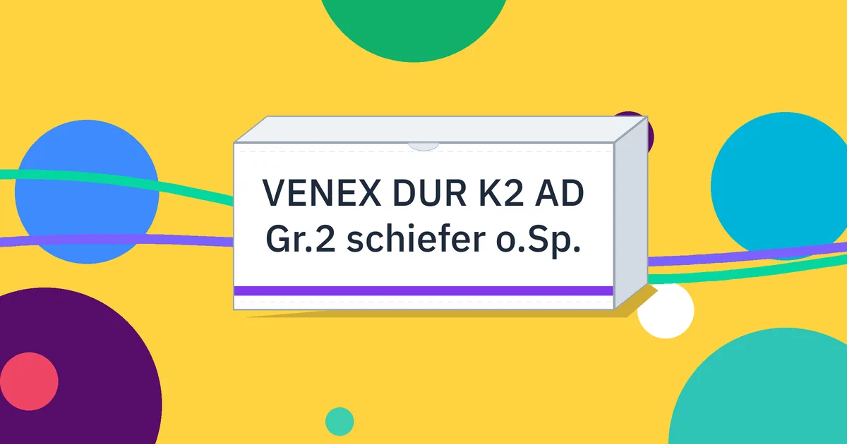 Symbolbild: Packung mit der Aufschrift VENEX DUR K2 AD Gr.2 schiefer o.Sp. (PZN 03211915) – Verfügbarkeit und Bezug in Apotheken in Frankfurt am Main