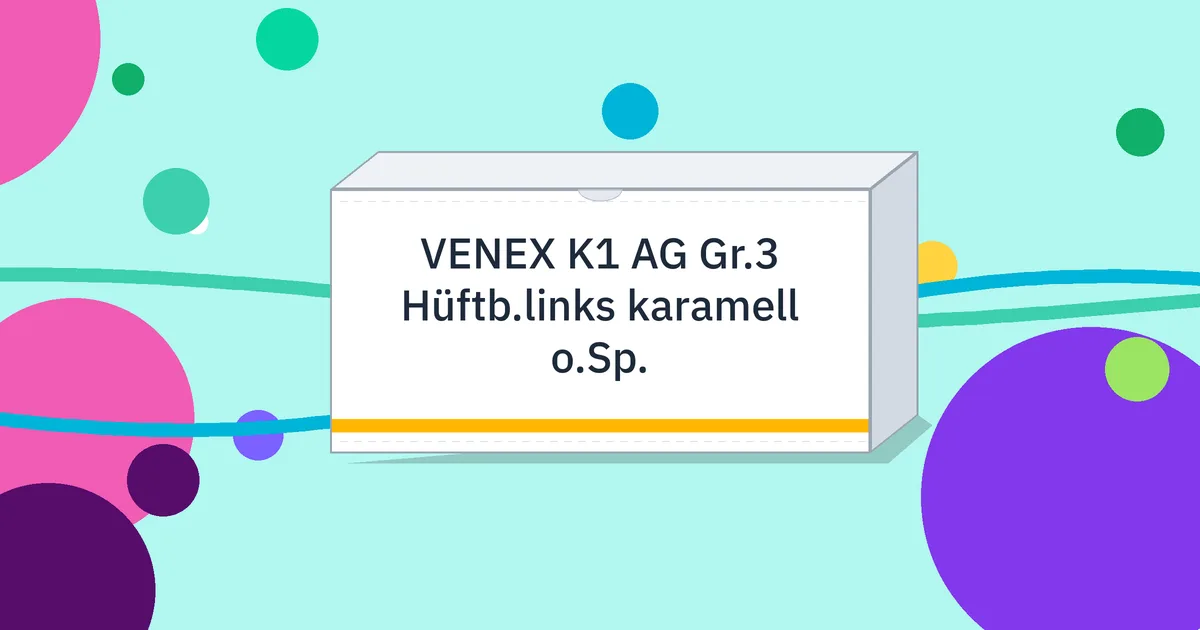 Symbolbild: Packung mit der Aufschrift VENEX K1 AG Gr.3 Hüftb.links karamell o.Sp. (PZN 13761077) – Verfügbarkeit und Bezug in Apotheken in Frankfurt am Main