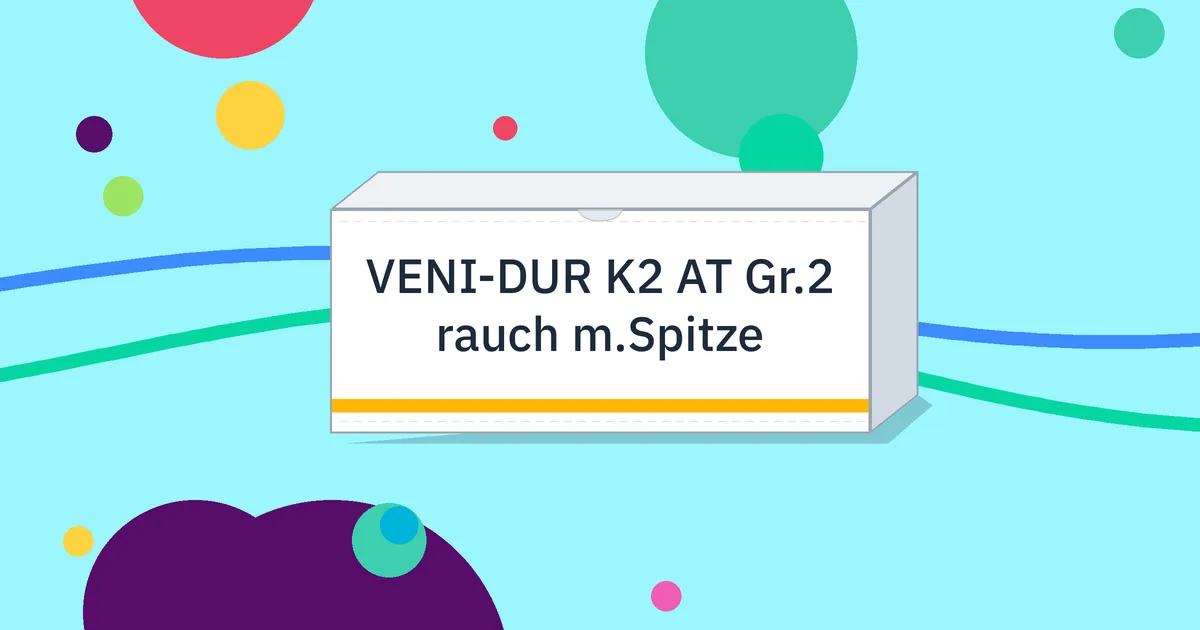 Symbolbild: Packung mit der Aufschrift VENI-DUR K2 AT Gr.2 rauch m.Spitze (PZN 08687781) – Verfügbarkeit und Bezug in Apotheken in Frankfurt am Main