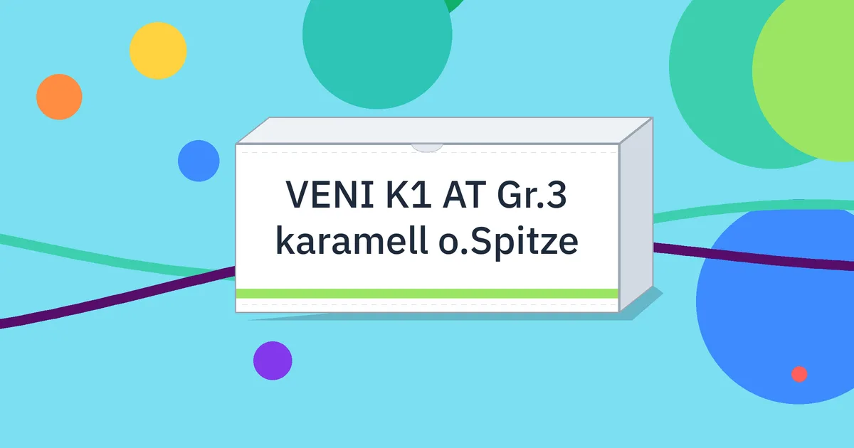 Symbolbild: Packung mit der Aufschrift VENI K1 AT Gr.3 karamell o.Spitze (PZN 13756892) – Verfügbarkeit und Bezug in Apotheken in Frankfurt am Main