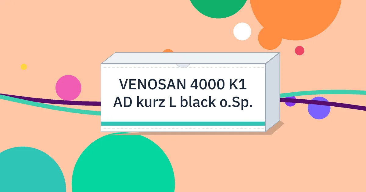 Symbolbild: Packung mit der Aufschrift VENOSAN 4000 K1 AD kurz L black o.Sp. (PZN 14426406) – Verfügbarkeit und Bezug in Apotheken in Frankfurt am Main