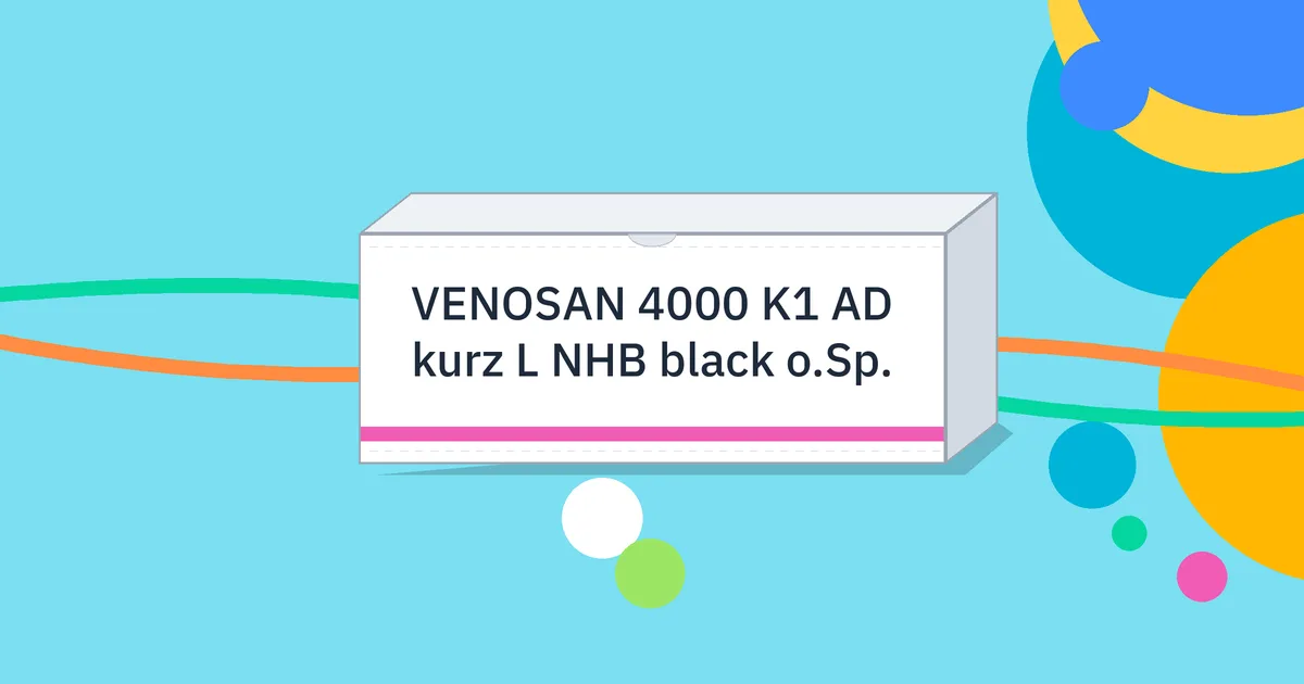 Symbolbild: Packung mit der Aufschrift VENOSAN 4000 K1 AD kurz L NHB black o.Sp. (PZN 14426576) – Verfügbarkeit und Bezug in Apotheken in Frankfurt am Main