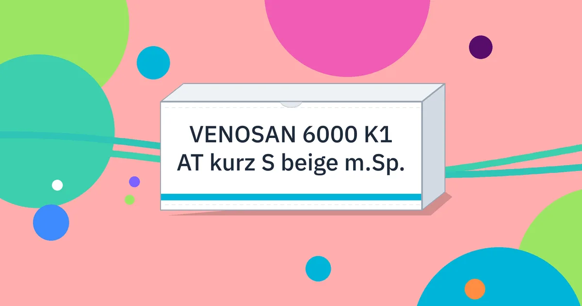 Symbolbild: Packung mit der Aufschrift VENOSAN 6000 K1 AT kurz S beige m.Sp. (PZN 17171964) – Verfügbarkeit und Bezug in Apotheken in Frankfurt am Main