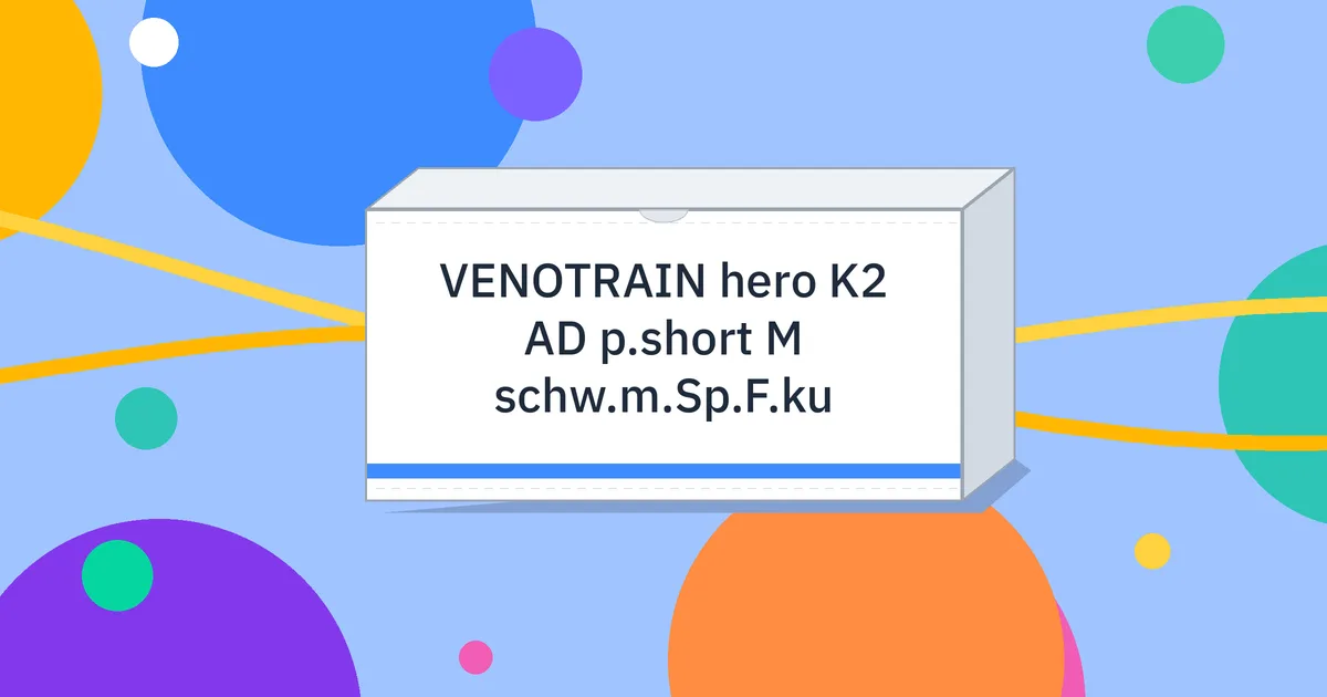 Symbolbild: Packung mit der Aufschrift VENOTRAIN hero K2 AD p.short M schw.m.Sp.F.ku (PZN 19189709) – Verfügbarkeit und Bezug in Apotheken in Frankfurt am Main