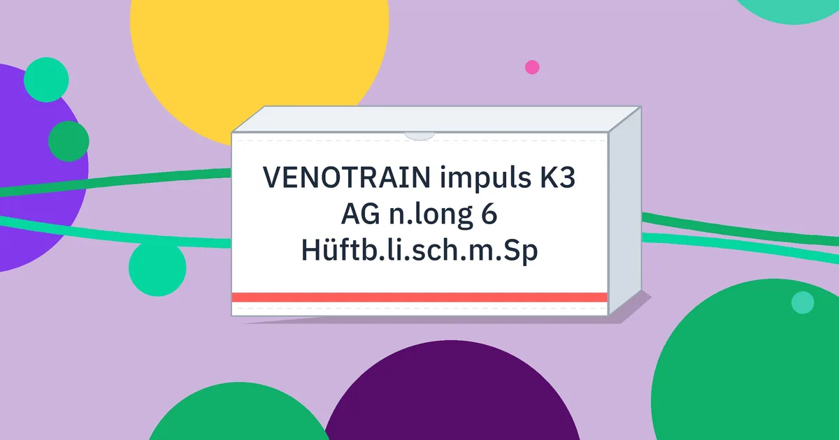 Symbolbild: Packung mit der Aufschrift VENOTRAIN impuls K3 AG n.long 6 Hüftb.li.sch.m.Sp (PZN 10295686) – Verfügbarkeit und Bezug in Apotheken in Frankfurt am Main