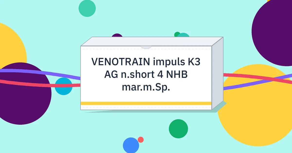 Symbolbild: Packung mit der Aufschrift VENOTRAIN impuls K3 AG n.short 4 NHB mar.m.Sp. (PZN 15215232) – Verfügbarkeit und Bezug in Apotheken in Frankfurt am Main