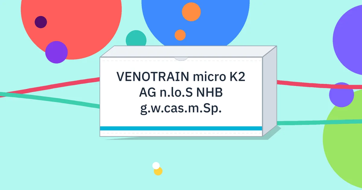 Symbolbild: Packung mit der Aufschrift VENOTRAIN micro K2 AG n.lo.S NHB g.w.cas.m.Sp. (PZN 20761600) – Verfügbarkeit und Bezug in Apotheken in Frankfurt am Main