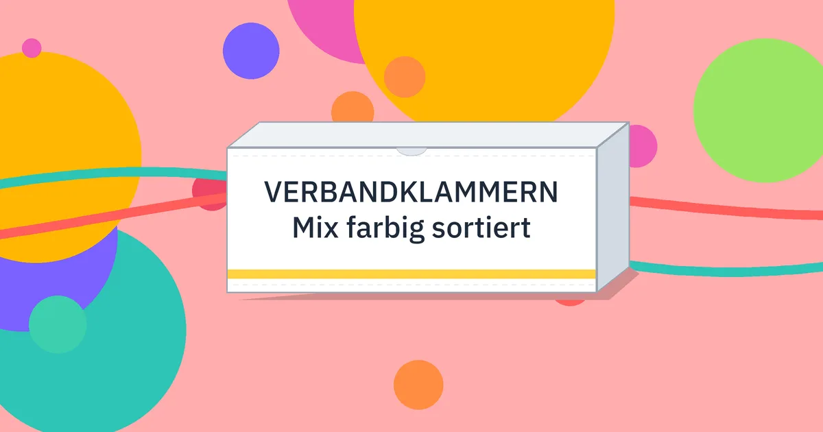 Symbolbild: Packung mit der Aufschrift VERBANDKLAMMERN Mix farbig sortiert (PZN 02292604) – Verfügbarkeit und Bezug in Apotheken in Frankfurt am Main