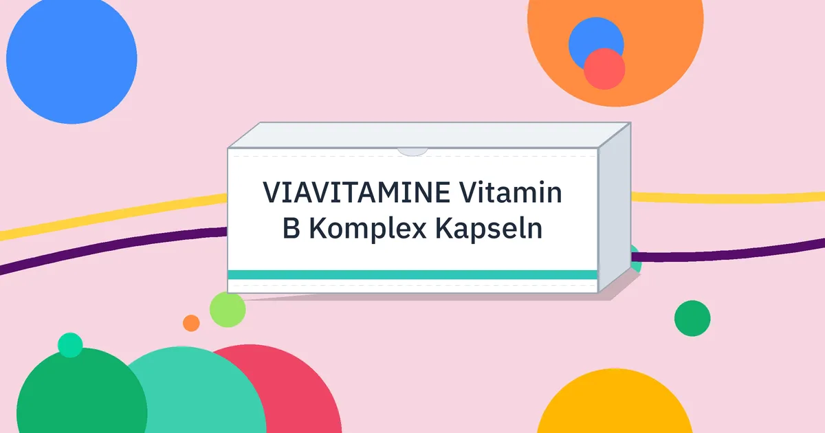Symbolbild: Packung mit der Aufschrift VIAVITAMINE Vitamin B Komplex Kapseln (PZN 08880360) – Verfügbarkeit und Bezug in Apotheken in Frankfurt am Main