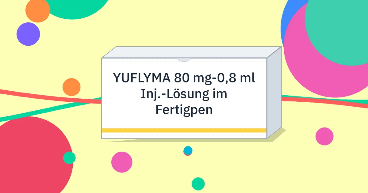 Symbolbild: Packung mit der Aufschrift YUFLYMA 80 mg-0,8 ml Inj.-Lösung im Fertigpen (PZN 18355436) – Verfügbarkeit und Bezug in Apotheken in Frankfurt am Main