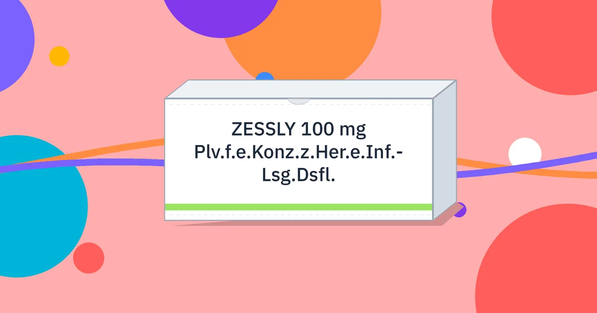 Symbolbild: Packung mit der Aufschrift ZESSLY 100 mg Plv.f.e.Konz.z.Her.e.Inf.-Lsg.Dsfl. (PZN 17468581) – Verfügbarkeit und Bezug in Apotheken in Frankfurt am Main
