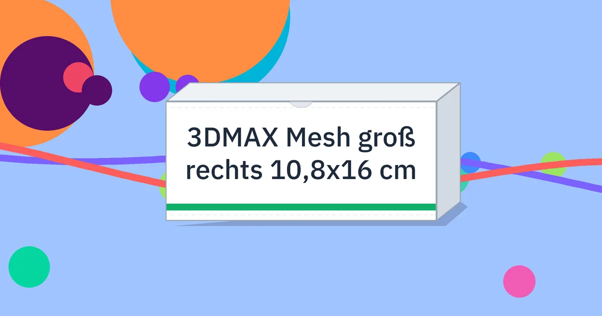 Symbolbild: Packung mit der Aufschrift 3DMAX Mesh groß rechts 10,8x16 cm (PZN 03750374) – Verfügbarkeit und Bezug in Apotheken in Frankfurt am Main