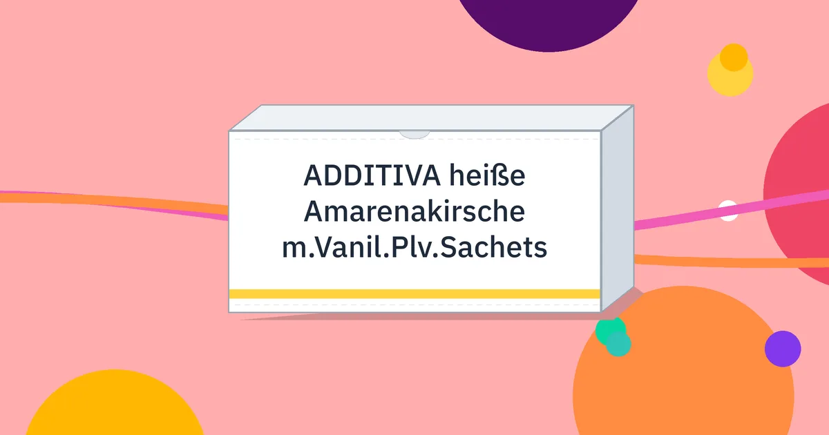 Symbolbild: Packung mit der Aufschrift ADDITIVA heiße Amarenakirsche m.Vanil.Plv.Sachets (PZN 19147177) – Verfügbarkeit und Bezug in Apotheken in Frankfurt am Main
