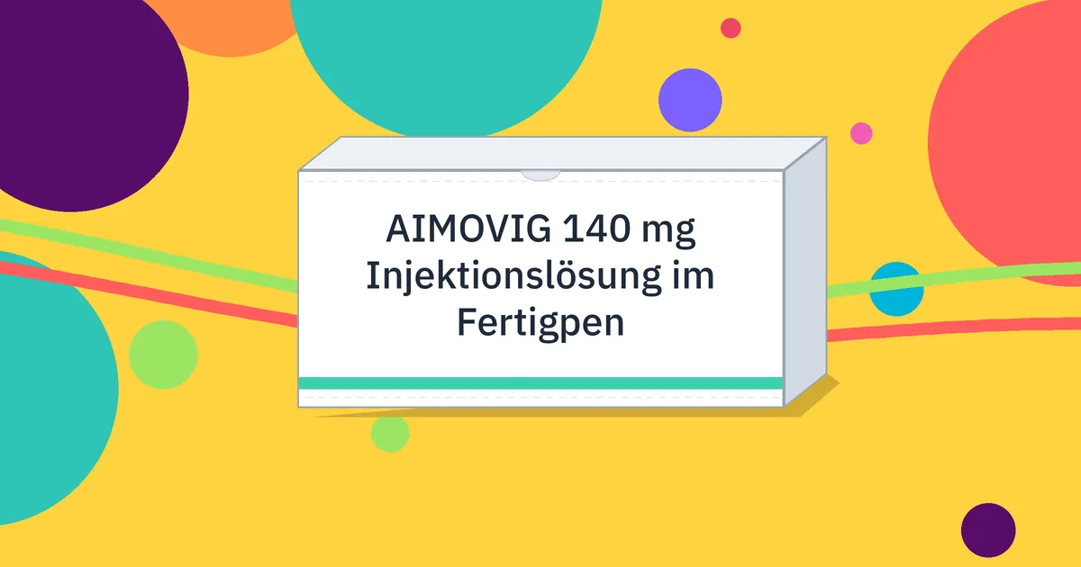 Symbolbild: Packung mit der Aufschrift AIMOVIG 140 mg Injektionslösung im Fertigpen (PZN 16236495) – Verfügbarkeit und Bezug in Apotheken in Frankfurt am Main