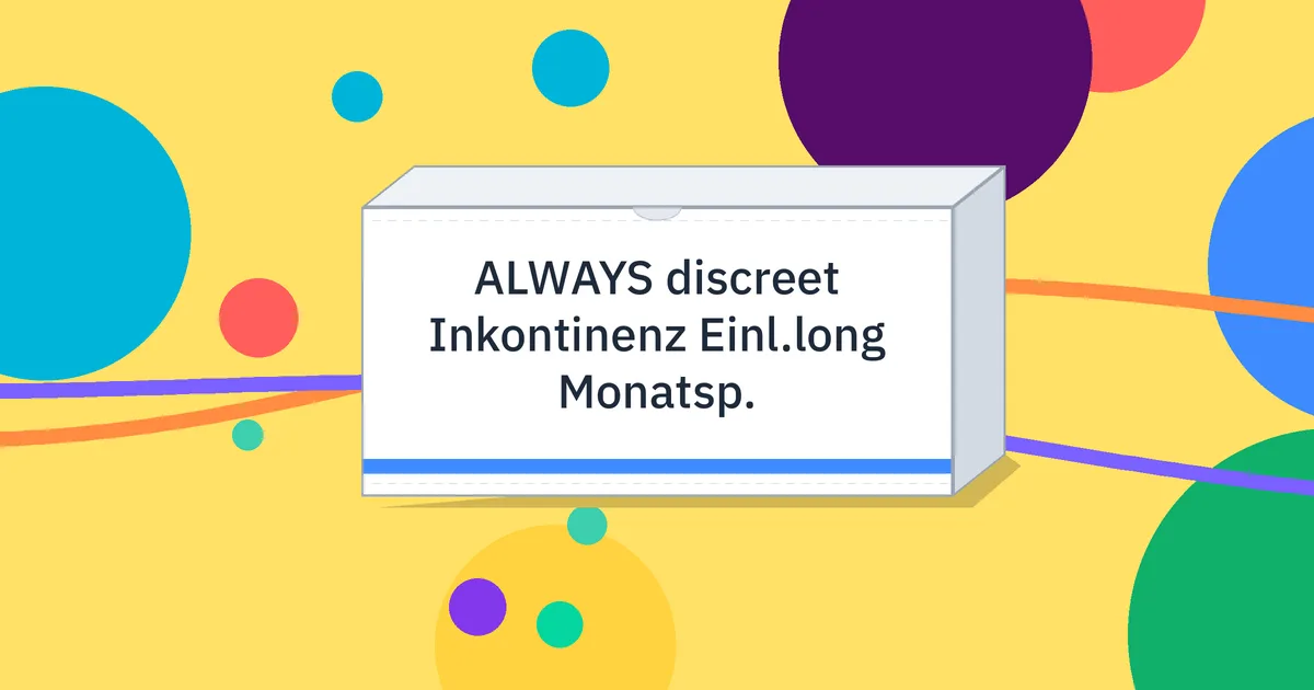 Symbolbild: Packung mit der Aufschrift ALWAYS discreet Inkontinenz Einl.long Monatsp. (PZN 17442972) – Verfügbarkeit und Bezug in Apotheken in Frankfurt am Main