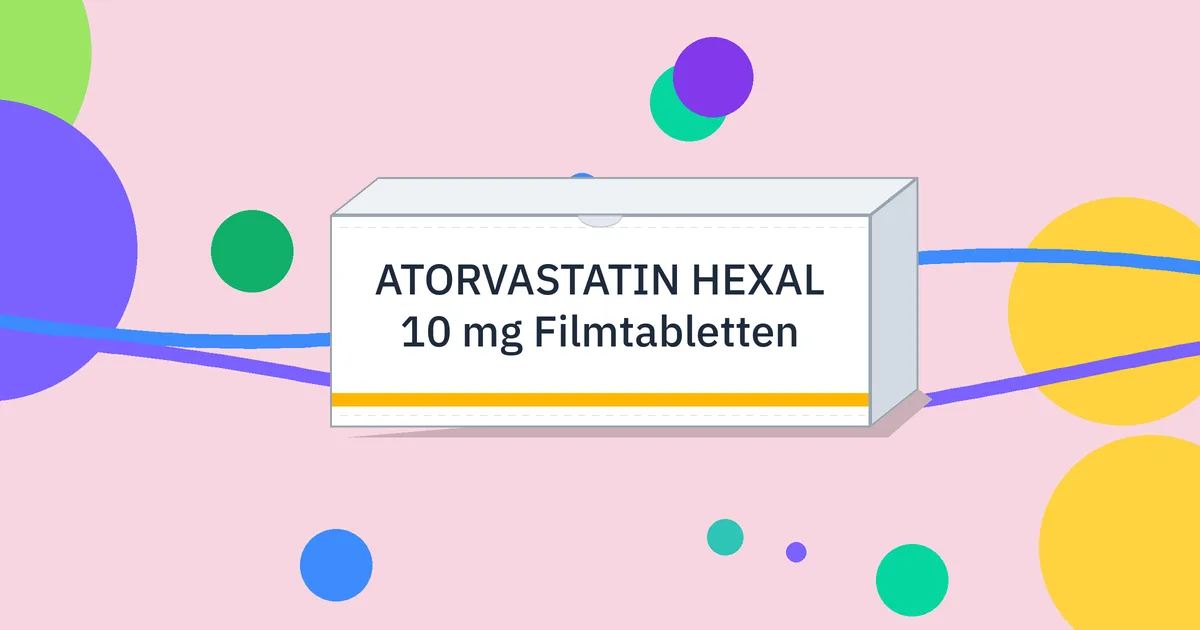 Symbolbild: Packung mit der Aufschrift ATORVASTATIN HEXAL 10 mg Filmtabletten (PZN 09122555) – Verfügbarkeit und Bezug in Apotheken in Frankfurt am Main