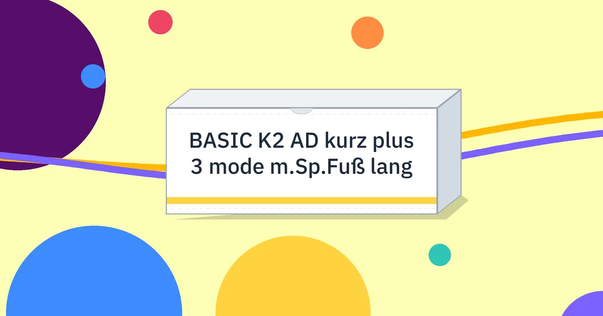 Symbolbild: Packung mit der Aufschrift BASIC K2 AD kurz plus 3 mode m.Sp.Fuß lang (PZN 20264681) – Verfügbarkeit und Bezug in Apotheken in Frankfurt am Main