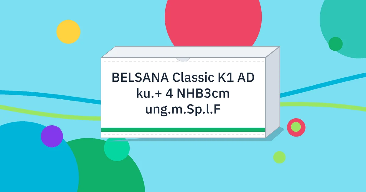 Symbolbild: Packung mit der Aufschrift BELSANA Classic K1 AD ku.+ 4 NHB3cm ung.m.Sp.l.F (PZN 19256386) – Verfügbarkeit und Bezug in Apotheken in Frankfurt am Main