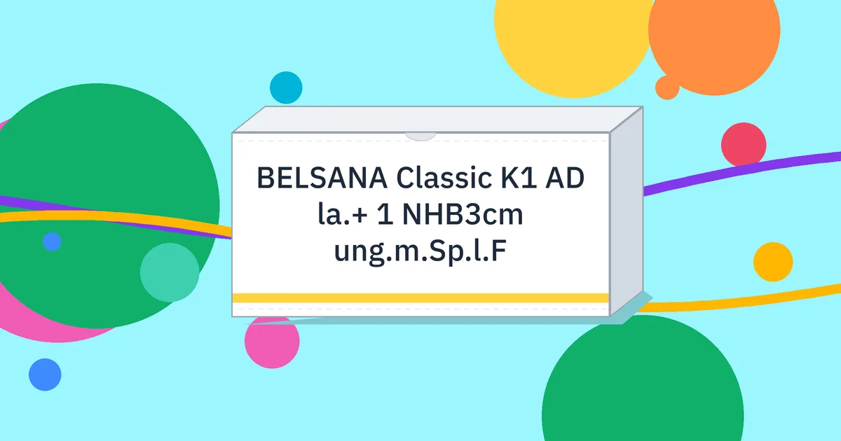 Symbolbild: Packung mit der Aufschrift BELSANA Classic K1 AD la.+ 1 NHB3cm ung.m.Sp.l.F (PZN 19254571) – Verfügbarkeit und Bezug in Apotheken in Frankfurt am Main