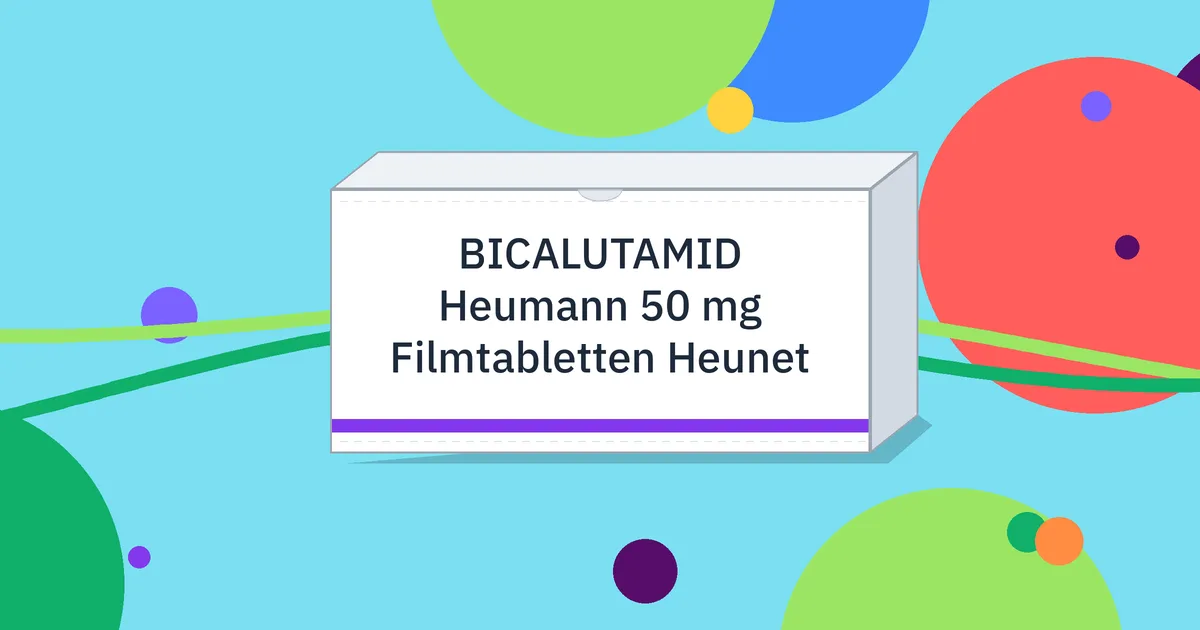 Symbolbild: Packung mit der Aufschrift BICALUTAMID Heumann 50 mg Filmtabletten Heunet (PZN 15023366) – Verfügbarkeit und Bezug in Apotheken in Frankfurt am Main