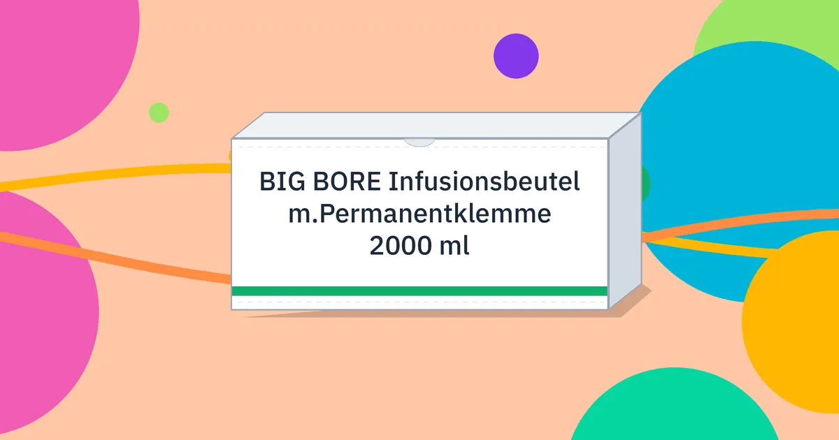 Symbolbild: Packung mit der Aufschrift BIG BORE Infusionsbeutel m.Permanentklemme 2000 ml (PZN 11578015) – Verfügbarkeit und Bezug in Apotheken in Frankfurt am Main