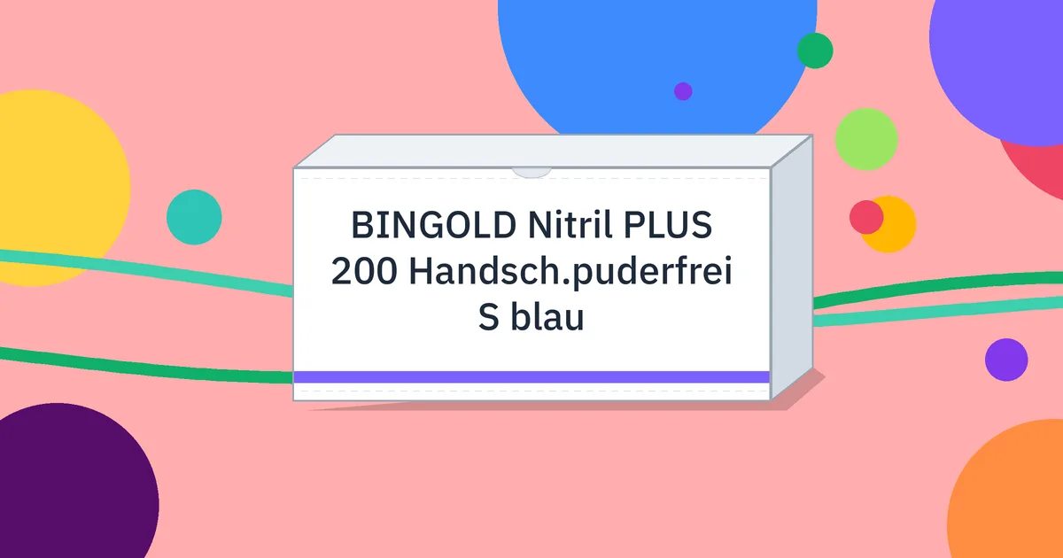 Symbolbild: Packung mit der Aufschrift BINGOLD Nitril PLUS 200 Handsch.puderfrei S blau (PZN 13542197) – Verfügbarkeit und Bezug in Apotheken in Frankfurt am Main