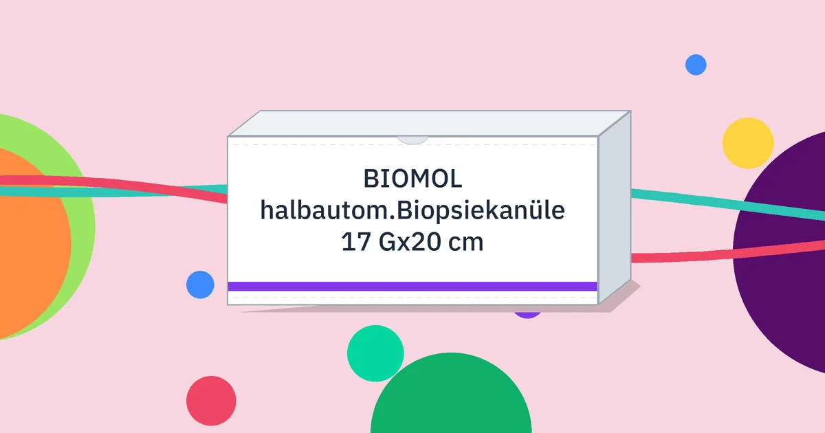 Symbolbild: Packung mit der Aufschrift BIOMOL halbautom.Biopsiekanüle 17 Gx20 cm (PZN 06123749) – Verfügbarkeit und Bezug in Apotheken in Frankfurt am Main