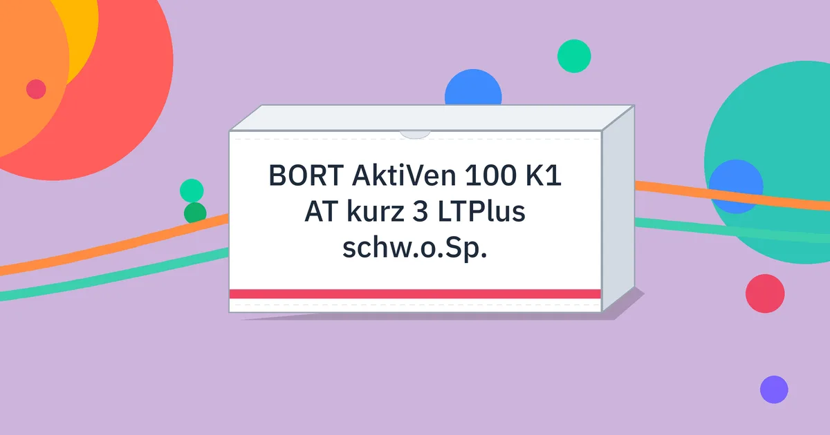 Symbolbild: Packung mit der Aufschrift BORT AktiVen 100 K1 AT kurz 3 LTPlus schw.o.Sp. (PZN 18175792) – Verfügbarkeit und Bezug in Apotheken in Frankfurt am Main