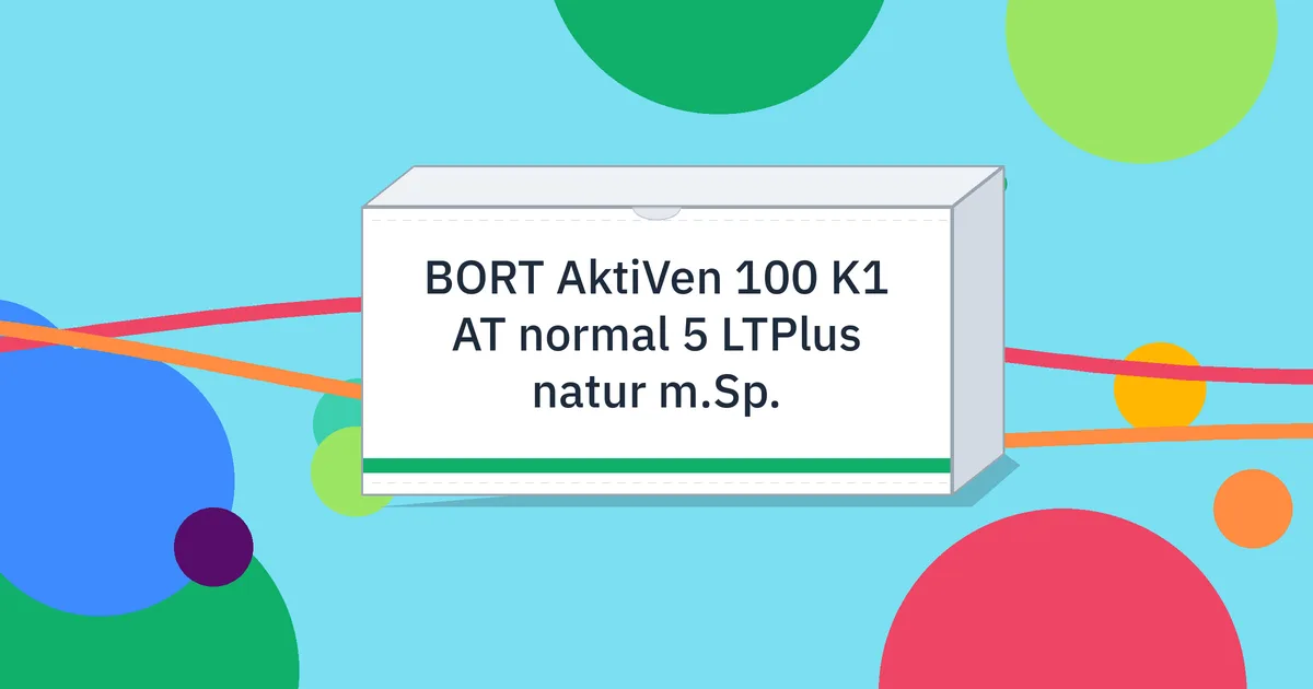 Symbolbild: Packung mit der Aufschrift BORT AktiVen 100 K1 AT normal 5 LTPlus natur m.Sp. (PZN 18175556) – Verfügbarkeit und Bezug in Apotheken in Frankfurt am Main