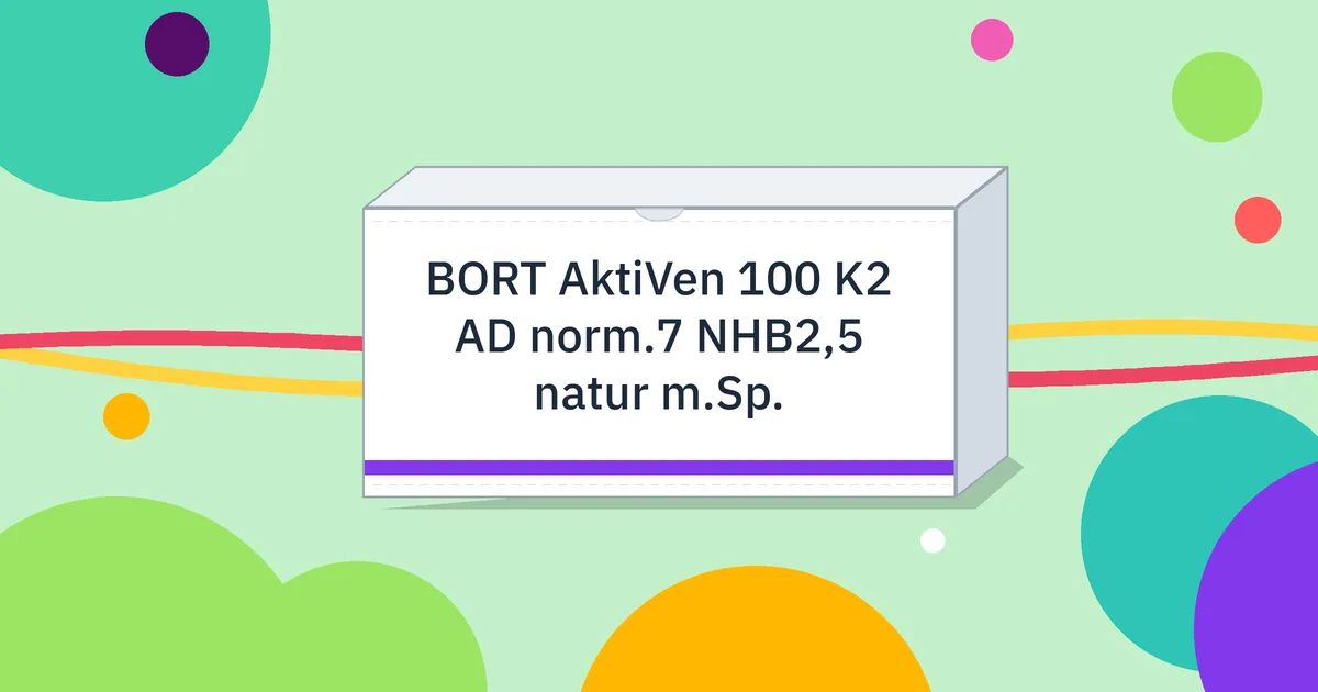 Symbolbild: Packung mit der Aufschrift BORT AktiVen 100 K2 AD norm.7 NHB2,5 natur m.Sp. (PZN 17498808) – Verfügbarkeit und Bezug in Apotheken in Frankfurt am Main