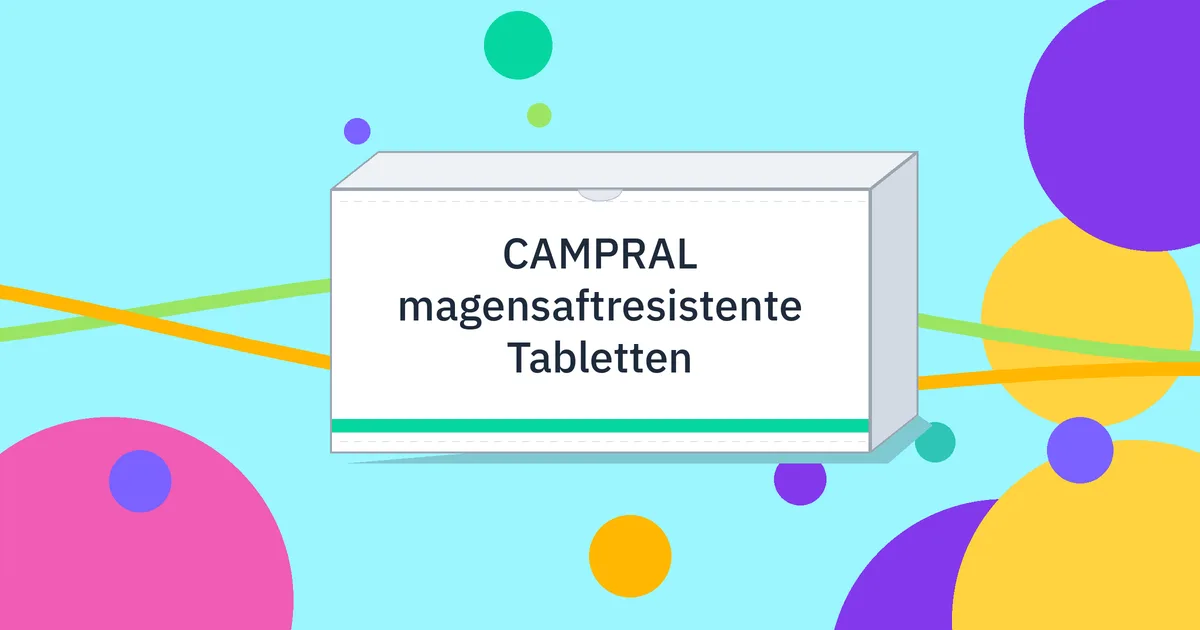 Symbolbild: Packung mit der Aufschrift CAMPRAL magensaftresistente Tabletten (PZN 03822441) – Verfügbarkeit und Bezug in Apotheken in Frankfurt am Main