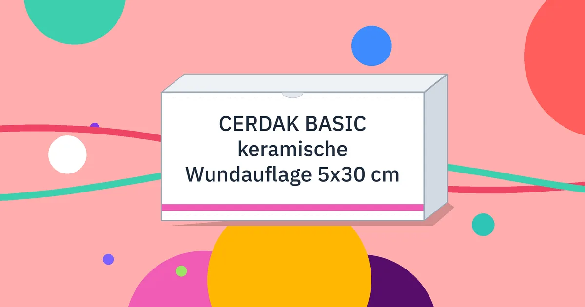 Symbolbild: Packung mit der Aufschrift CERDAK BASIC keramische Wundauflage 5x30 cm (PZN 19267935) – Verfügbarkeit und Bezug in Apotheken in Frankfurt am Main