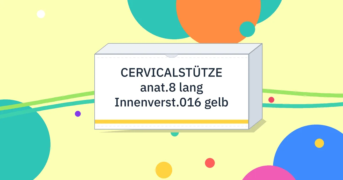 Symbolbild: Packung mit der Aufschrift CERVICALSTÜTZE anat.8 lang Innenverst.016 gelb (PZN 08895025) – Verfügbarkeit und Bezug in Apotheken in Frankfurt am Main