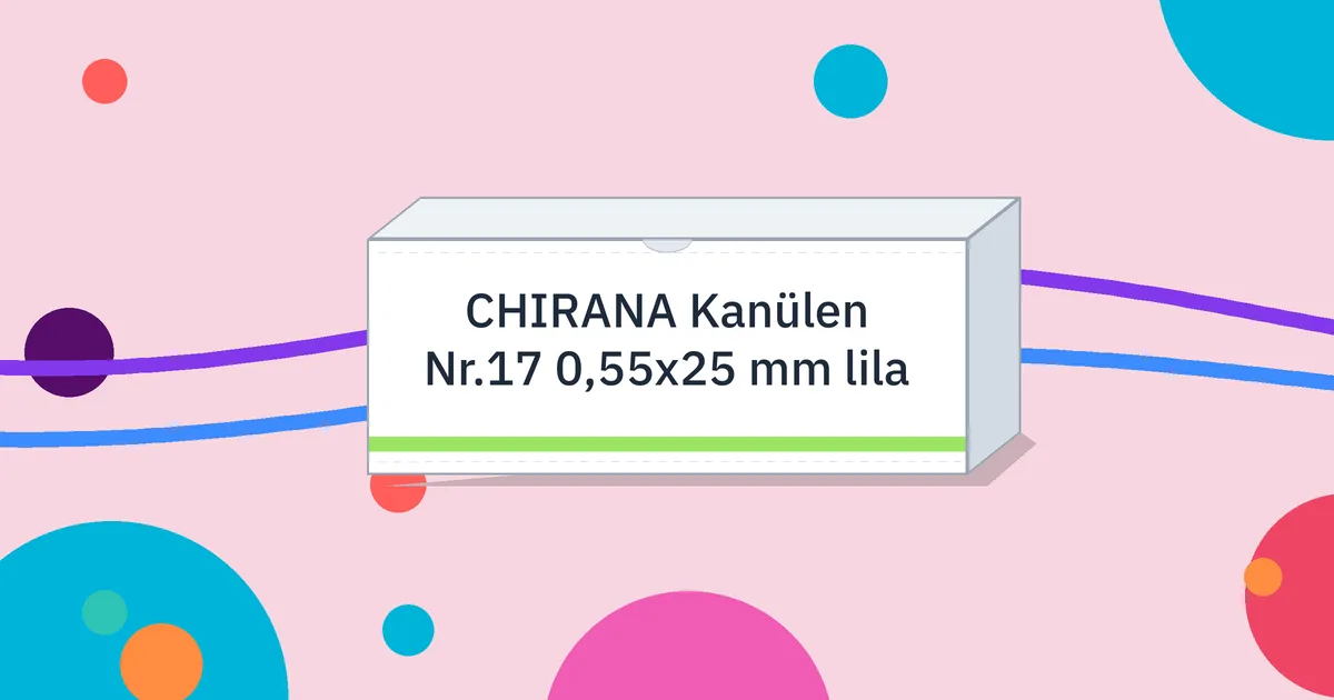 Symbolbild: Packung mit der Aufschrift CHIRANA Kanülen Nr.17 0,55x25 mm lila (PZN 11609046) – Verfügbarkeit und Bezug in Apotheken in Frankfurt am Main